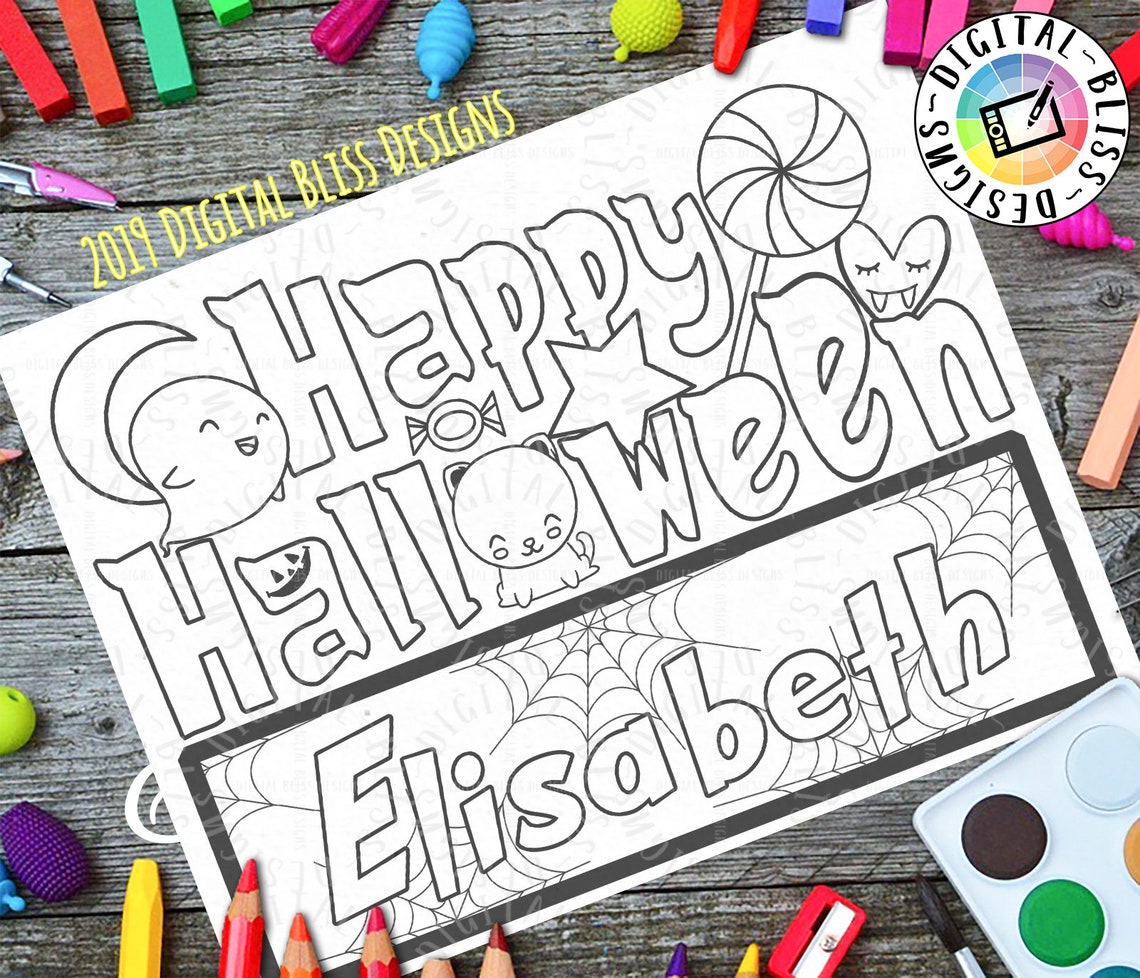 Printable Coloring Page Happy Halloween Custom Name Custom - Etsy