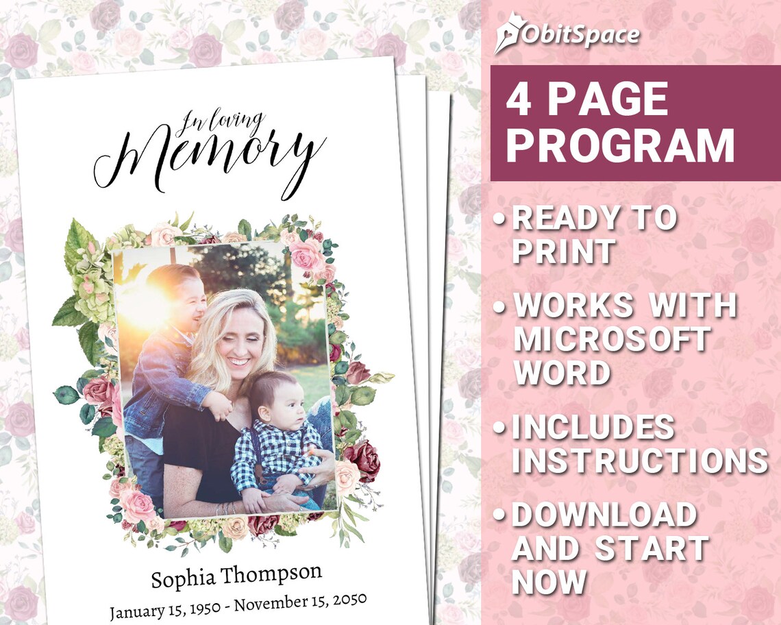 Funeral Program Template MS Word Use at Funeral Obituary - Etsy