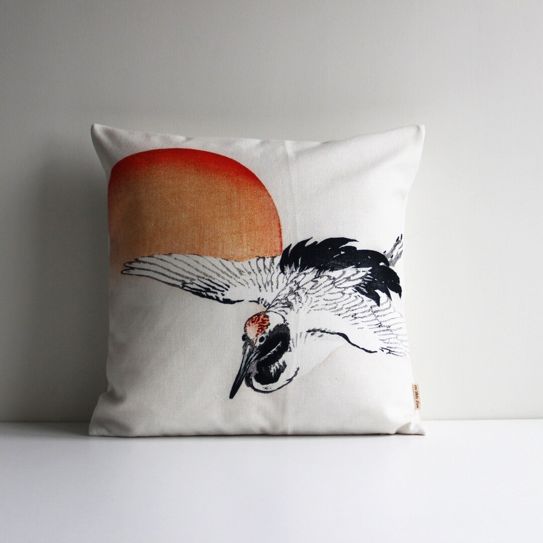 Ancient Painting Japanese Crane Throw Pillow Cover - Asian Style ...