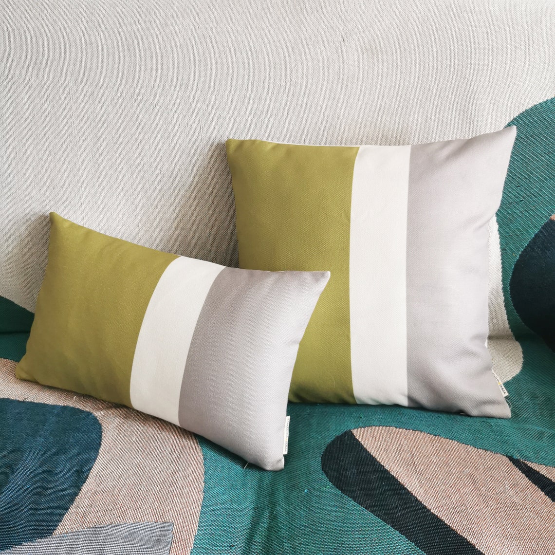 Chartreuse Throw Pillow Covers Cotton Linen Geometric Strips | Etsy