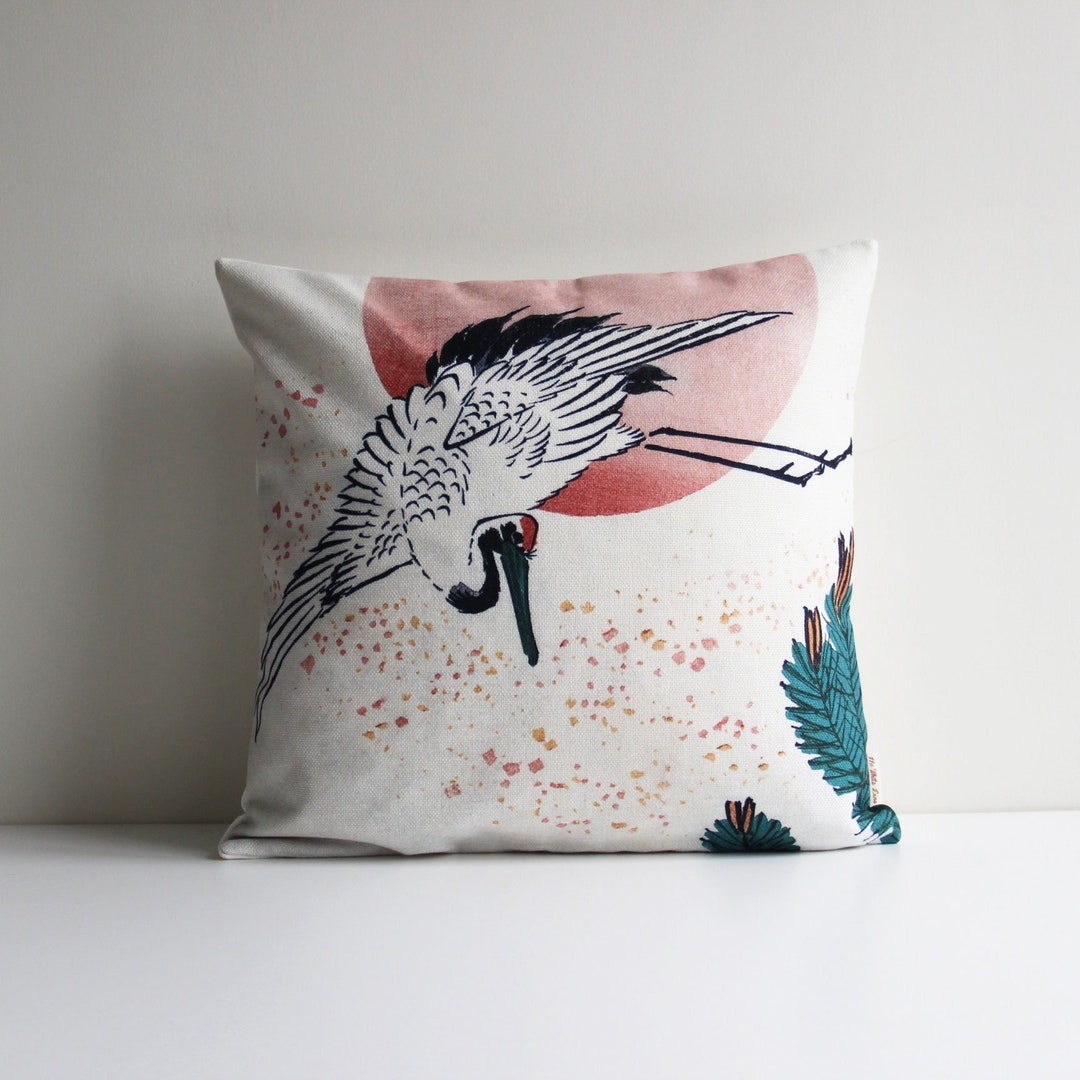 Ancient Painting Japanese Crane and Pine Tree Throw Pillow Cover ...