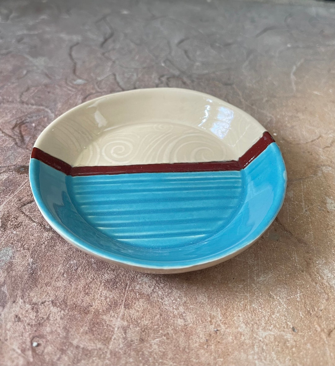 Handmade Pottery Blue, Cream, and Dark Red Ceramic Small Dish for ...