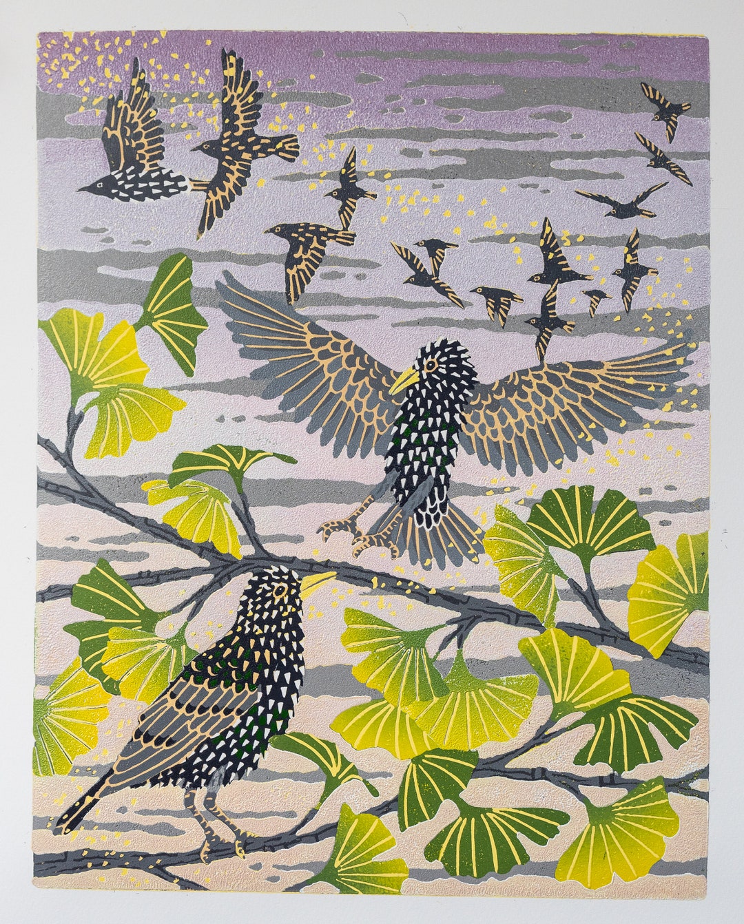 Lino Cut Print Starlings Birds Wildlife Tree Ginkgo Animals Sunset Art ...