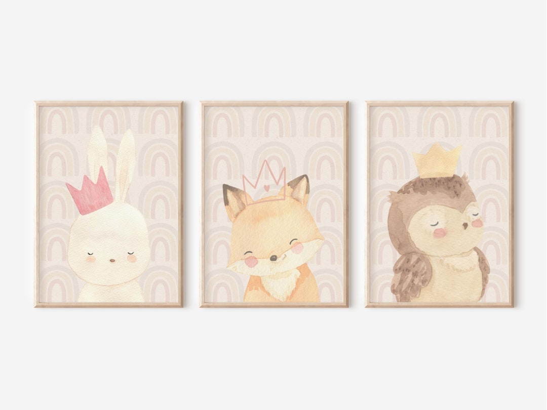 Woodland Animal Wall Art, Woodland Rainbow Nursery Wall Decor, Girls ...