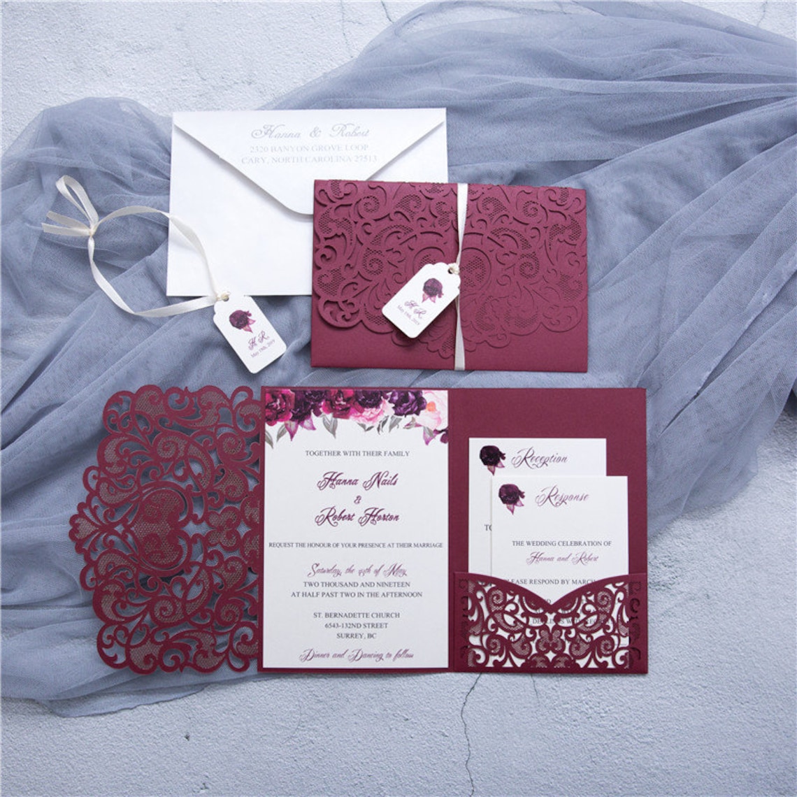 Lace Laser Cut Invitation - Lace Hearts - Tri-fold Laser Cut Pocket ...