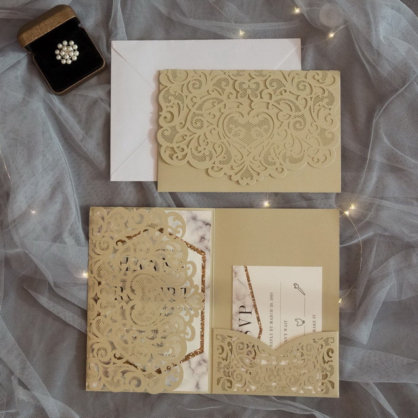 Lace Laser Cut Invitation - Lace Hearts - Tri-fold Laser Cut Pocket ...