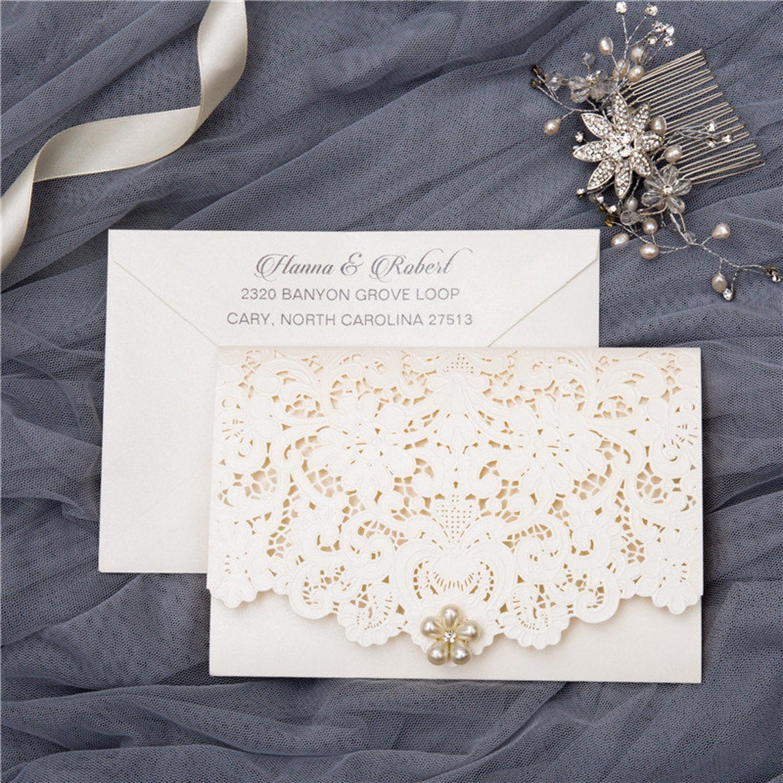 Lace Laser Cut Invitation - Ivory - Pocket Fold - Vintage Lace ...