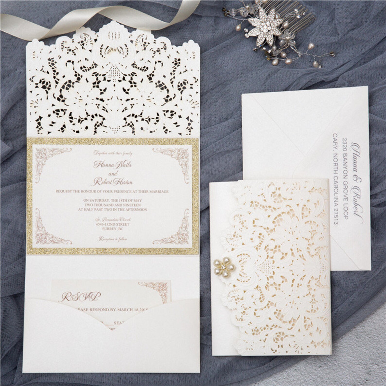 Lace Laser Cut Invitation - Ivory - Pocket Fold - Vintage Lace ...