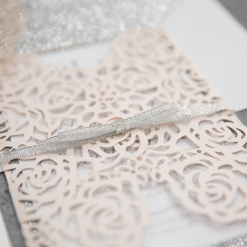 Rose Laser Cut Invitation Suite - Ready to Go - Blush Pink - Silver ...