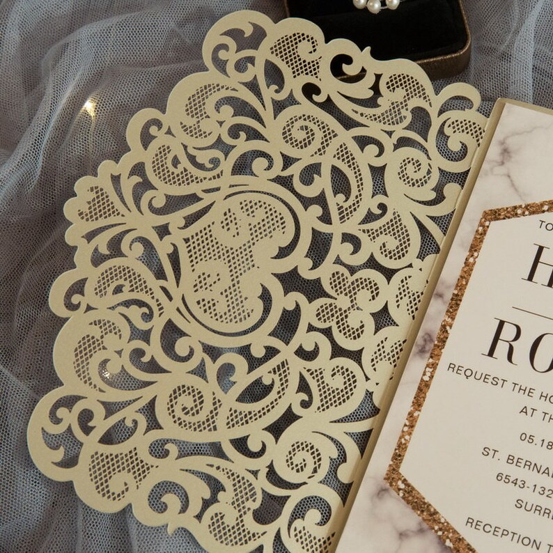 Lace Laser Cut Invitation - Lace Hearts - Tri-fold Laser Cut Pocket ...