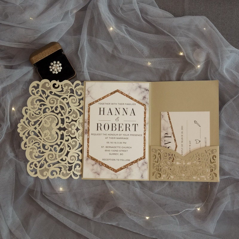 Lace Laser Cut Invitation - Lace Hearts - Tri-fold Laser Cut Pocket ...