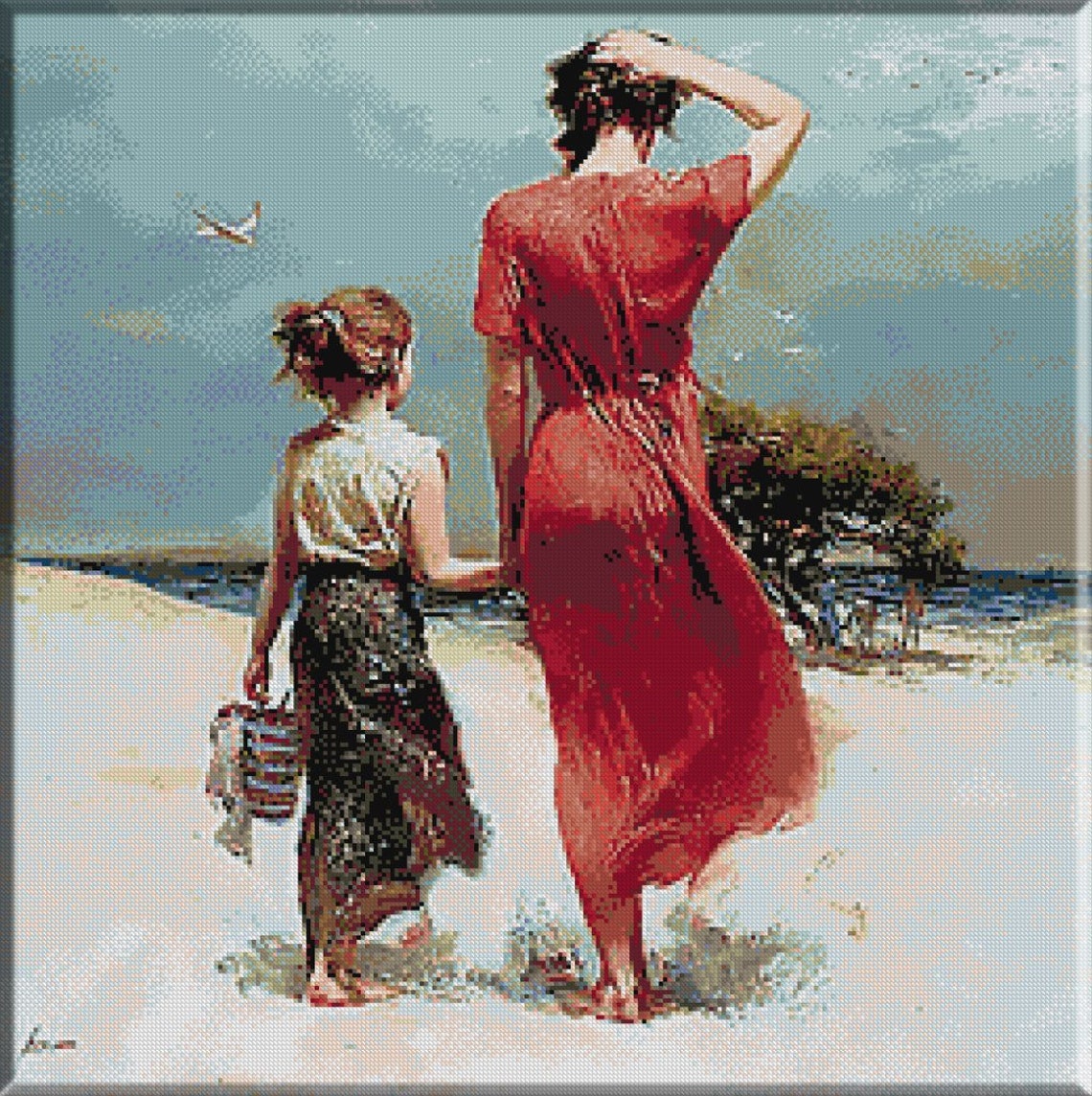 Cross Stitch Pattern - Mother and Daughter at the Shore -counted Cross ...