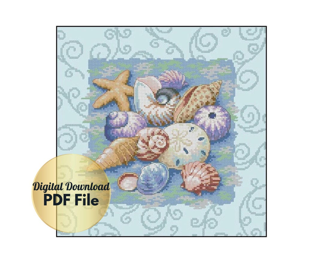 Cross Stitch Pattern- Sea Shell on Sky Blue- Counted Cross Stitch ...