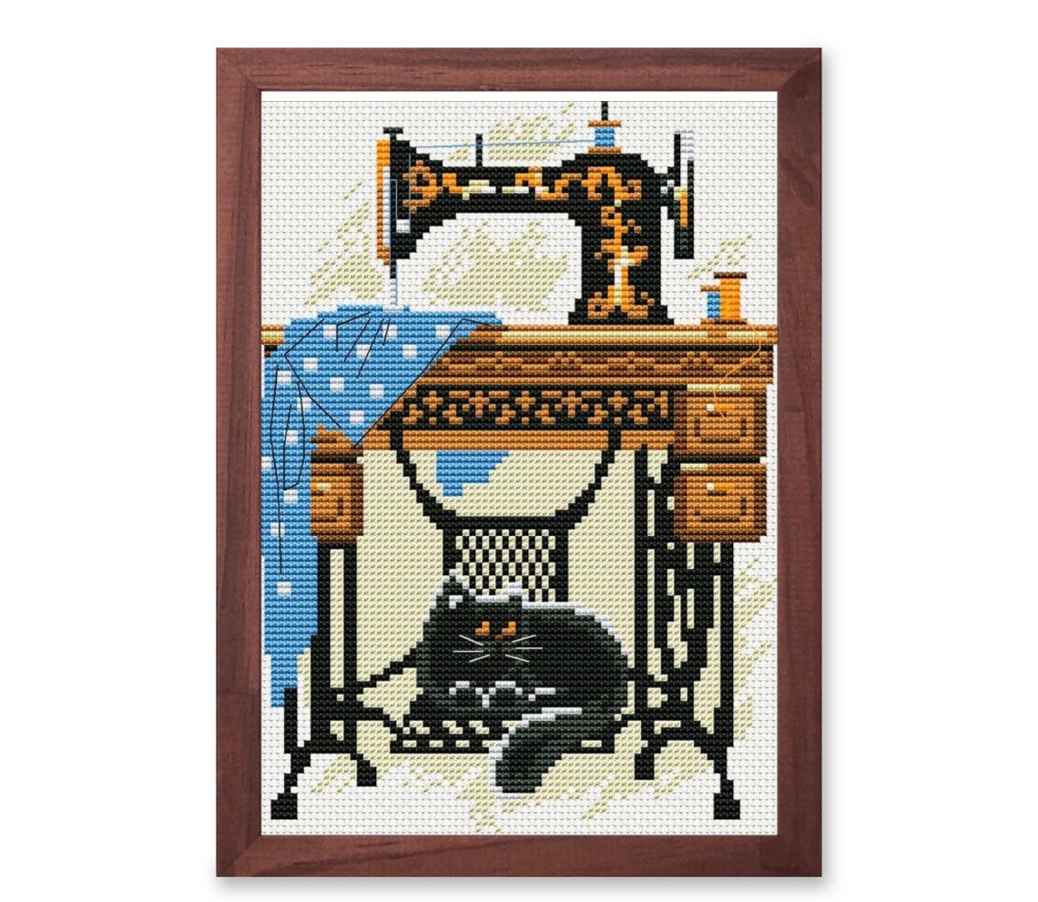 Old Sewing Machine With Cat counted Cross Stitch/instant - Etsy