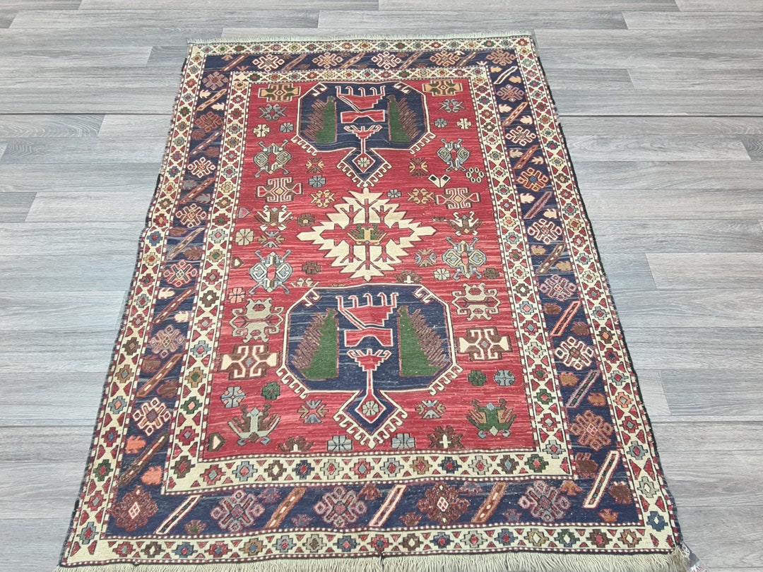 Antique Caucasian Rug, Soumak Area Rug, 3.6x4.9 Feet, Vintage Design ...