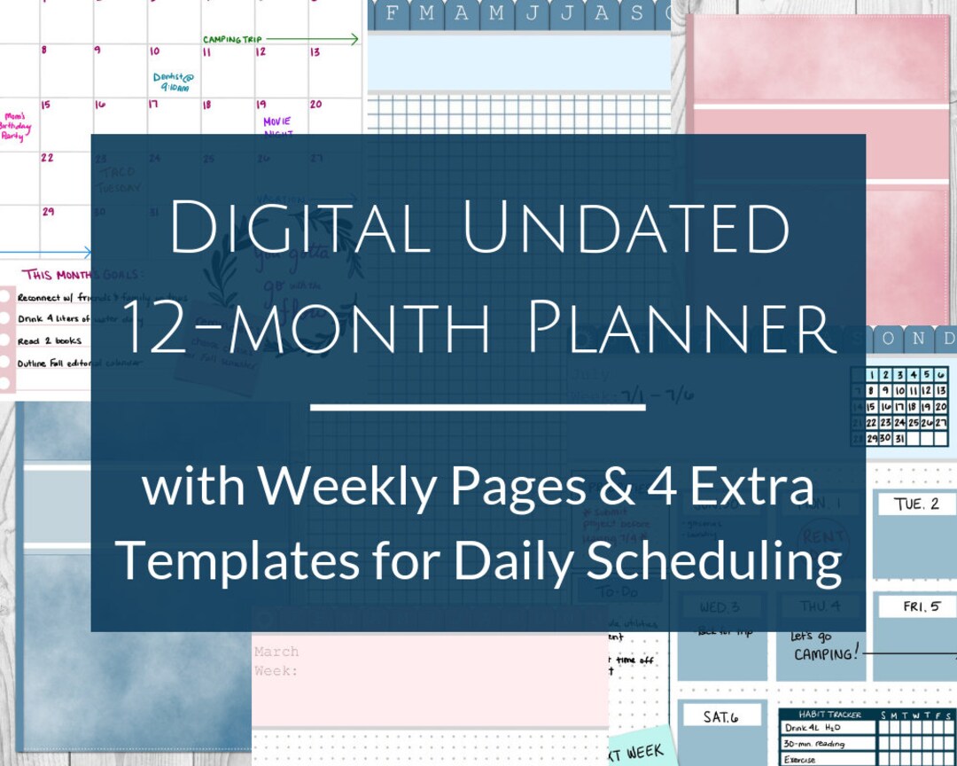 12-month Digital Planner - Undated (BLUE) | Hyperlinked Monthly, Weekly ...