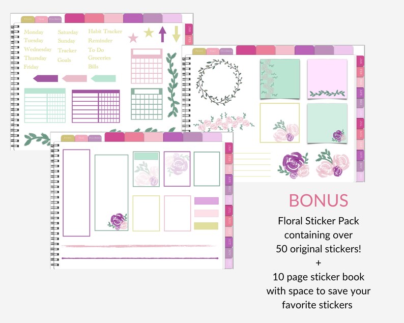 Digital 12-month Planner UNDATED Floral Design, Hyperlinked Year 2019 ...