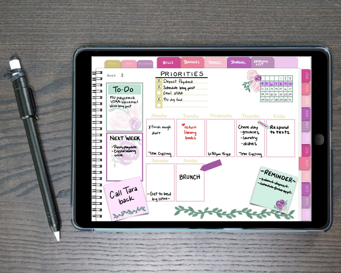 Digital 12-month Planner UNDATED Floral Design, Hyperlinked Year 2019 ...