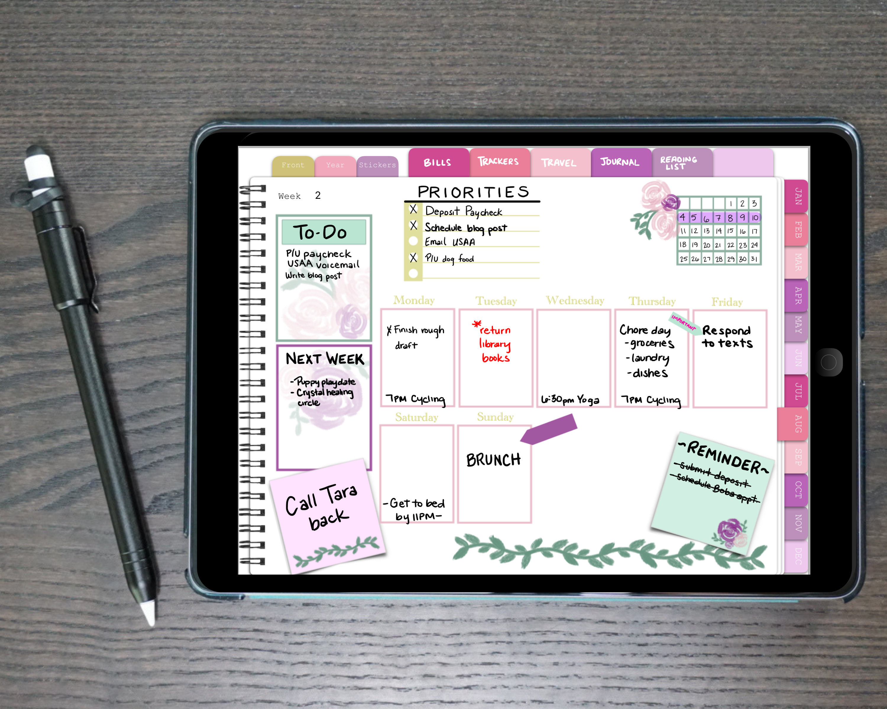 Digital 12-month Planner UNDATED Floral Design, Hyperlinked Year 2019 ...