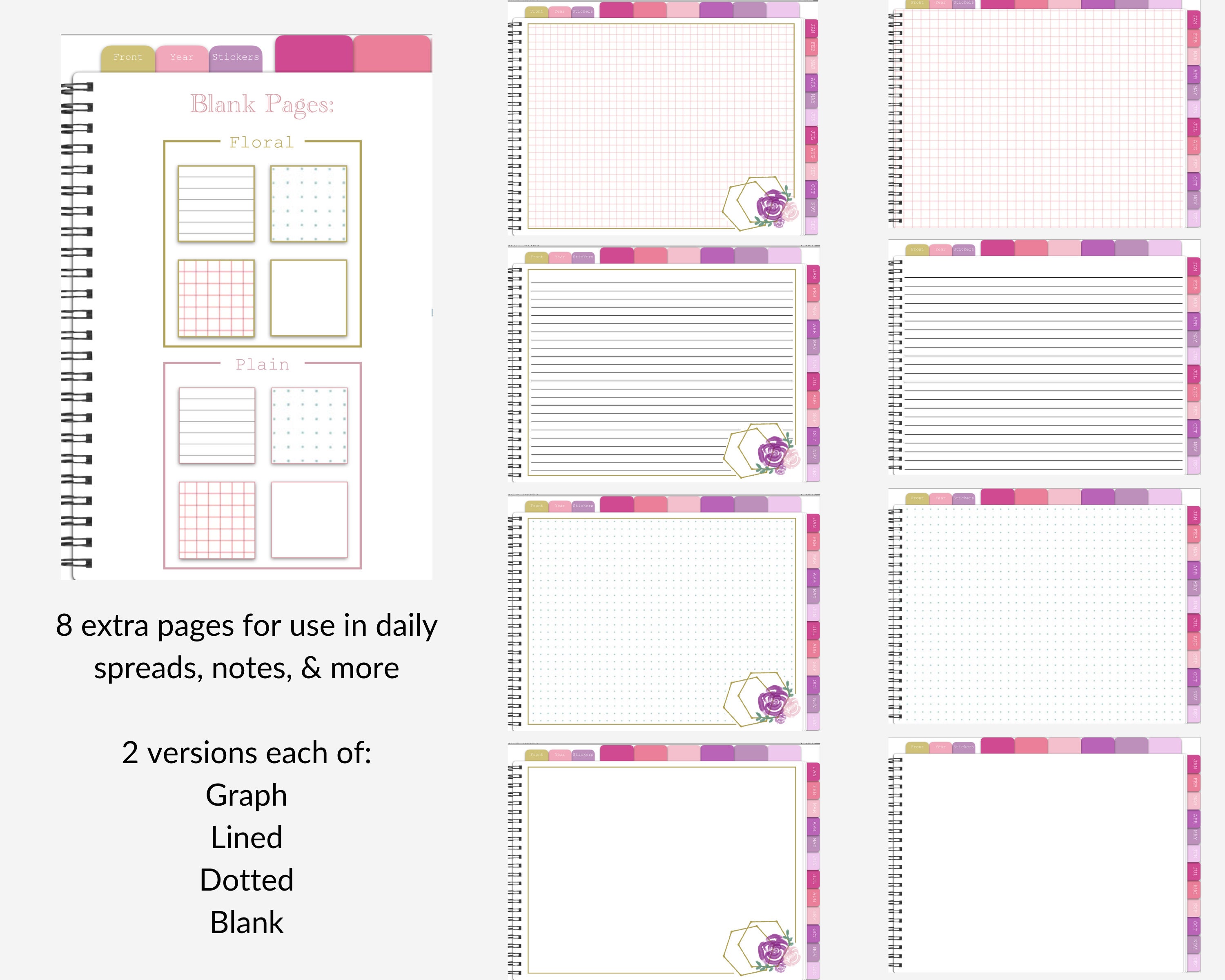 Digital 12-month Planner UNDATED Floral Design, Hyperlinked Year 2019 ...