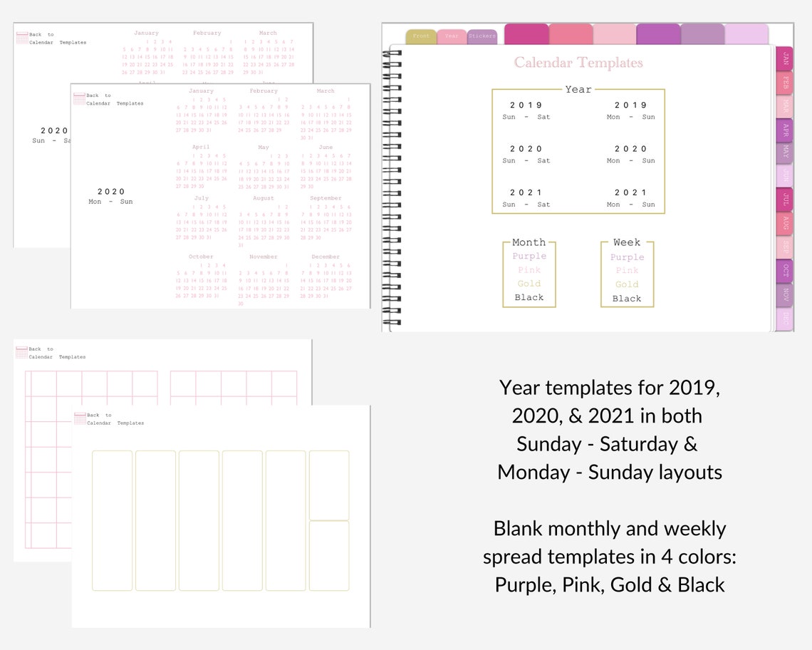 Digital 12-month Planner UNDATED Floral Design, Hyperlinked Year 2019 ...