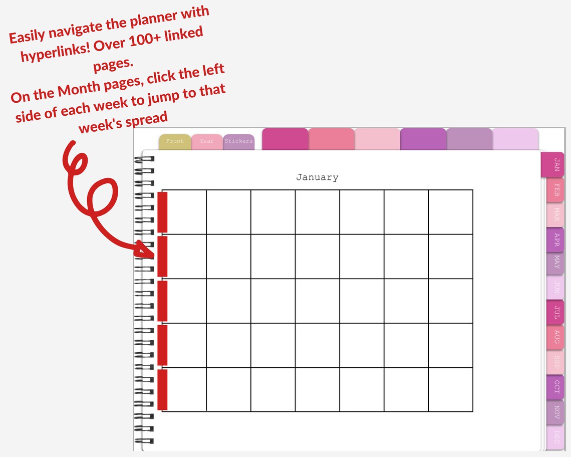 Digital 12-month Planner UNDATED Floral Design, Hyperlinked Year 2019 ...