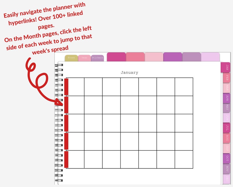 Digital 12-month Planner UNDATED Floral Design, Hyperlinked Year 2019 ...
