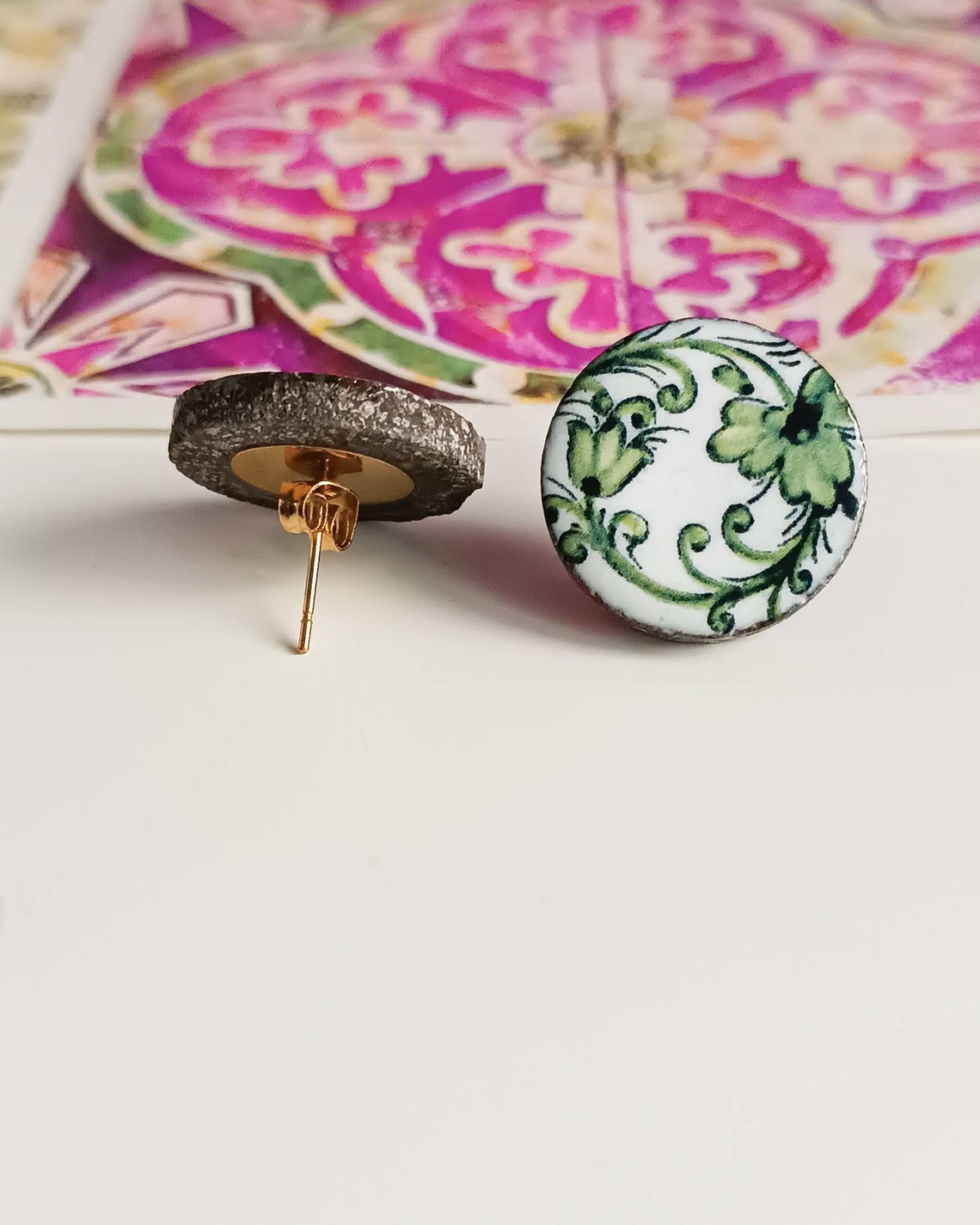 Round Stud Earrings With Sicily Ceramic Tiles - Etsy