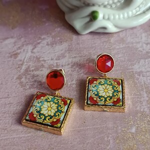 Sicilian Earrings With Ceramic Tiles and Red Chrysoberyl - Etsy
