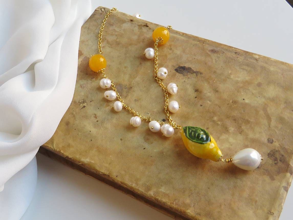 Gold Chain Necklace With Sicily Ceramic Lemon | Etsy