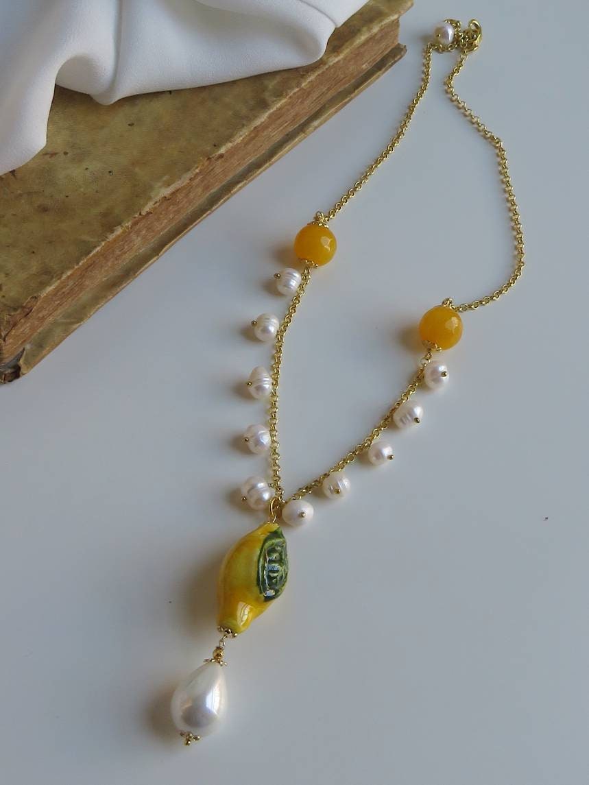 Gold Chain Necklace With Sicily Ceramic Lemon | Etsy