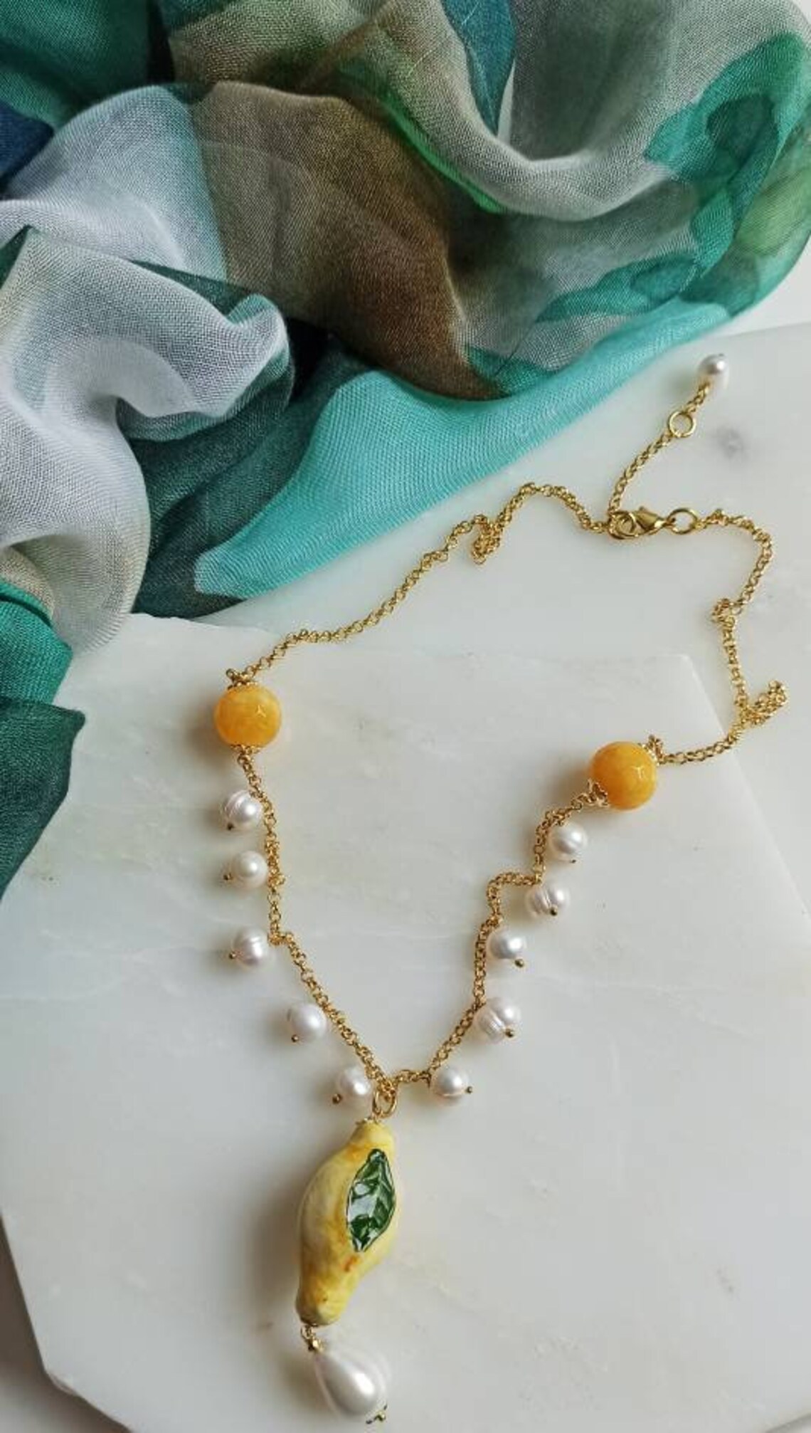 Gold chain necklace with Sicily Ceramic Lemon | Etsy