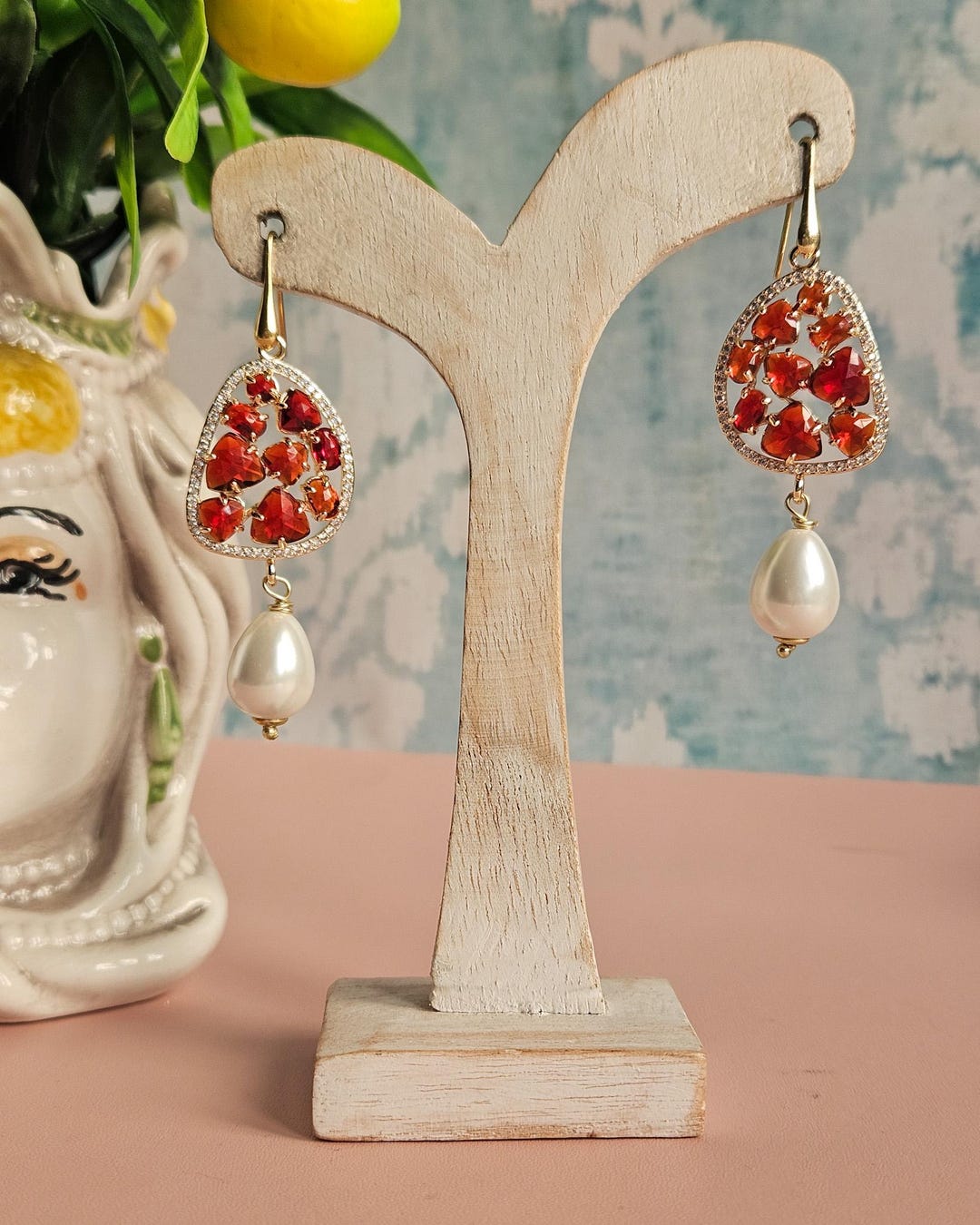 Drop Earrings With Red Chrysoberyl Stones and Pearl Drop - Etsy