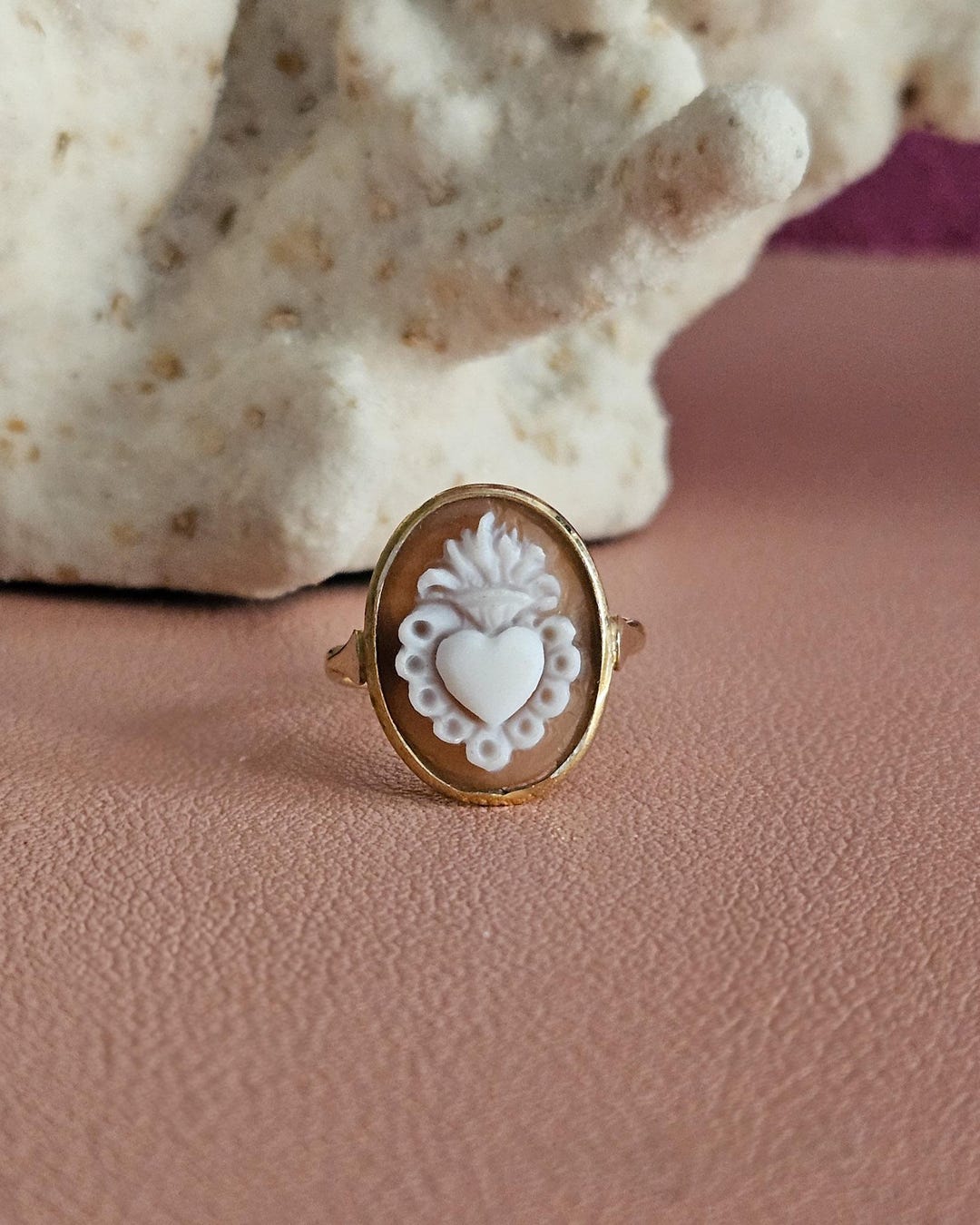 Oval Ring With Sardonic Shell Cameo Sacred Heart - Etsy