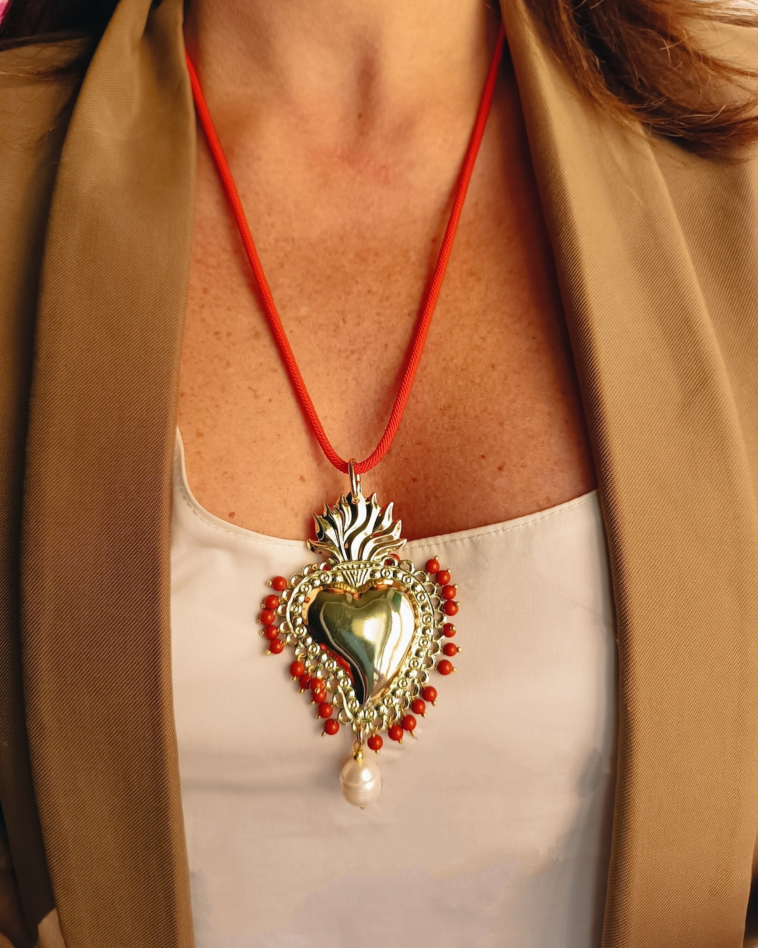 Red Rope Necklace With Sacred Heart Pendant - Etsy