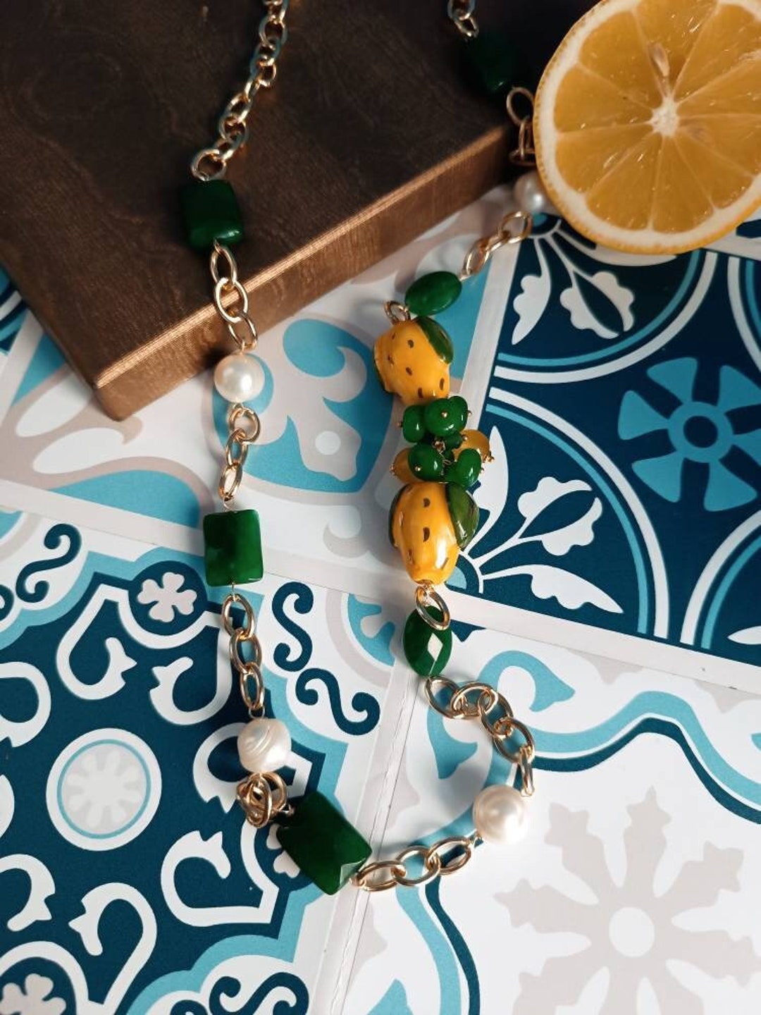 Long Chain Necklace With Sicily Ceramic Lemons Pearls and - Etsy