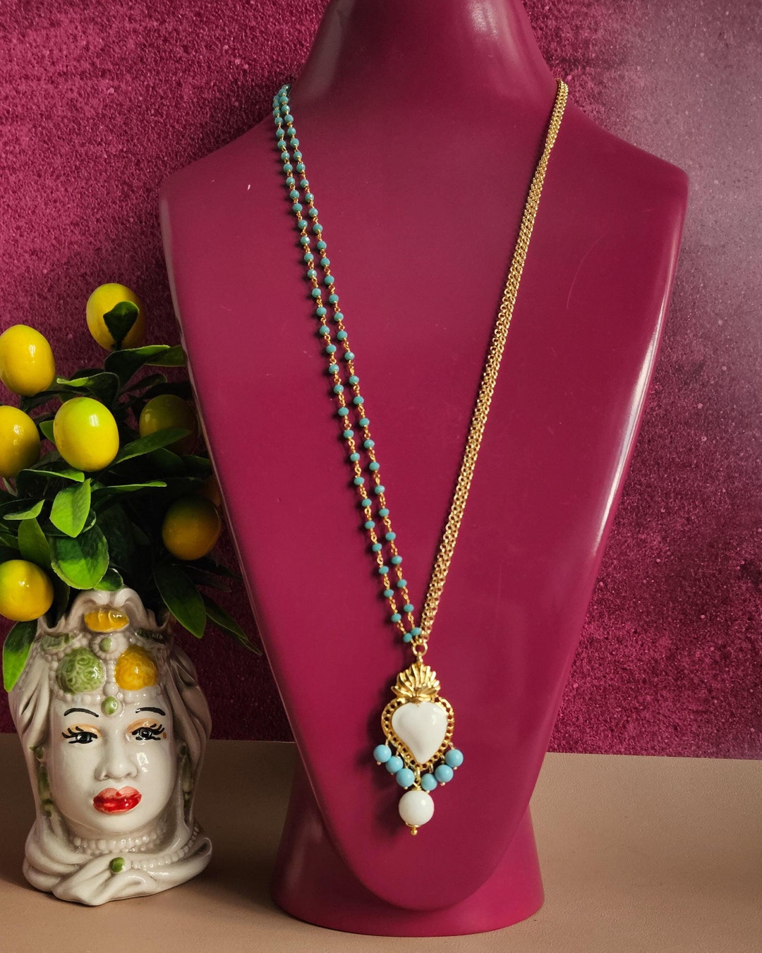 Long Chain Necklace With Sacred Heart Pendant - Etsy