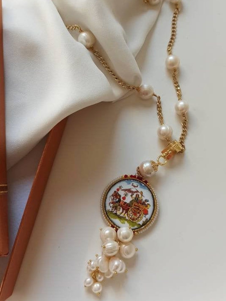 Long Necklace With Gold Chain Pearls and Sicily Ceramic Tile - Etsy