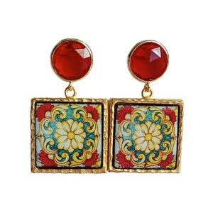 Sicilian Earrings With Ceramic Tiles and Red Chrysoberyl - Etsy