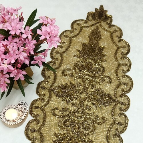 Gold Handmade Beaded Table Runner Ornate Design Table - Etsy
