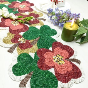 Handmade Green and Red Clover Leaves Beaded Table Runner - Etsy