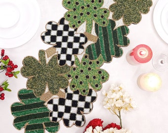 Handmade Table Runner, Clover Leaf / Shamrock Hand Beaded Runner, Green ...