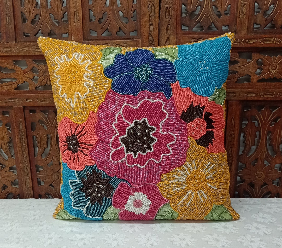 Handmade Beaded Floral Pillow Cover: Multi-color Flower Design, 16 ...
