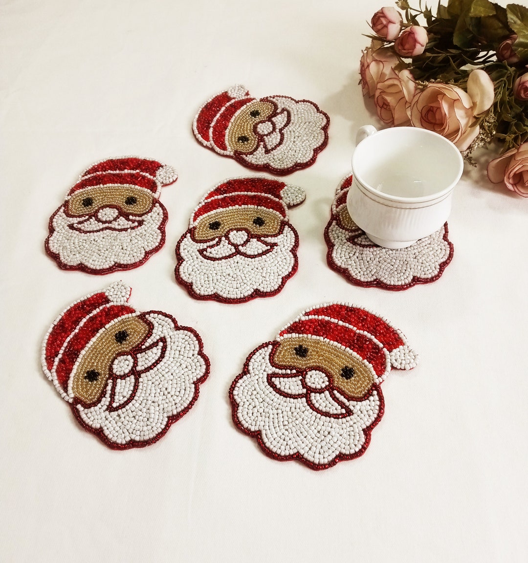 Handmade Santa Claus Face Beaded Coasters - Set of 6 - Etsy
