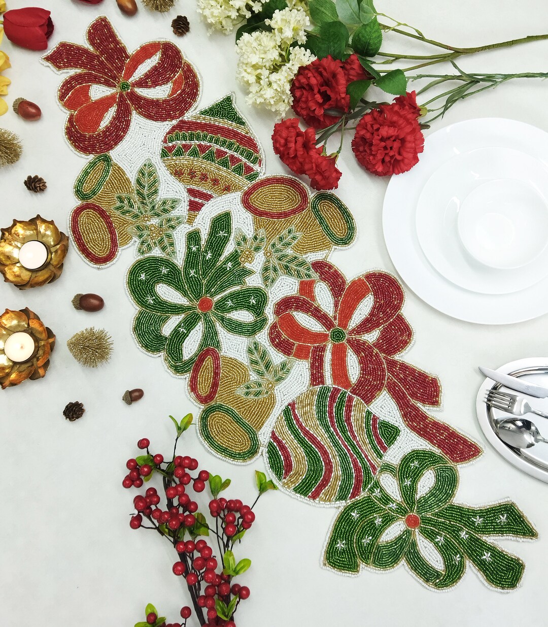 Christmas Charms and Bow Ties Handmade Beaded Table Runner - Etsy