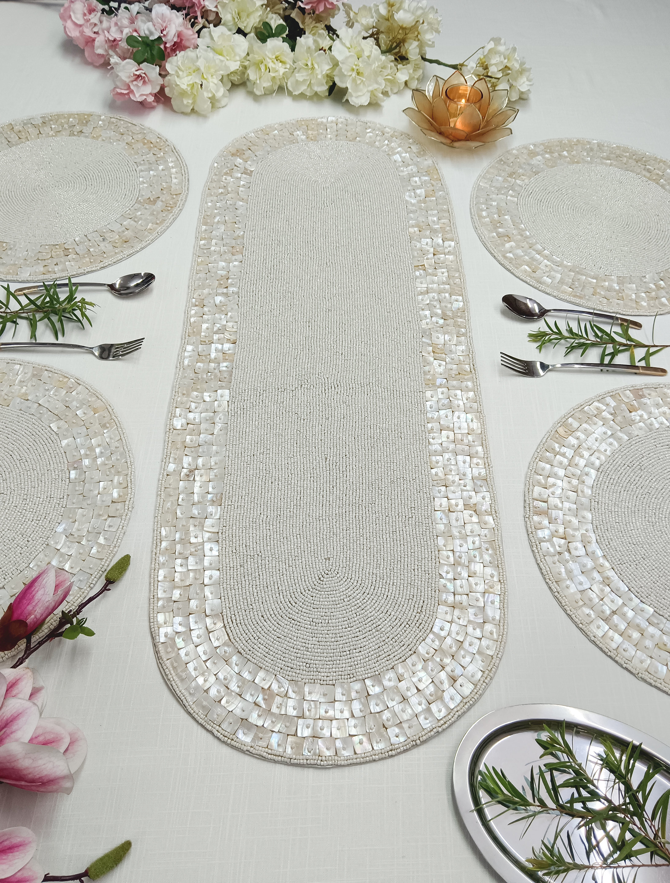 Handmade Mother of Pearls Beaded Table Runner. Matching Placemats Are ...