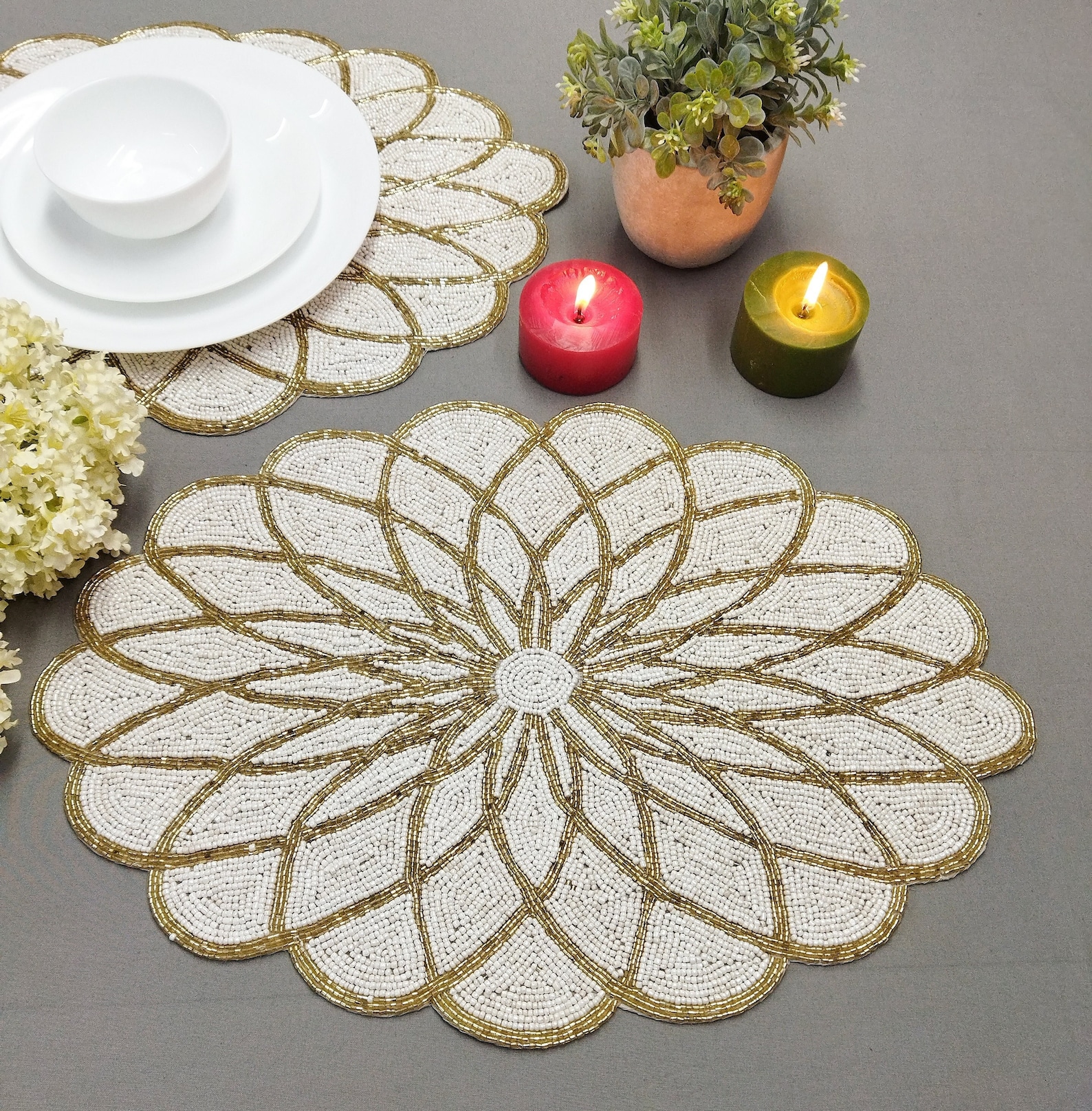 Off-white Geometrical Oval Flower Shape Handmade Beaded Placemat. Set ...