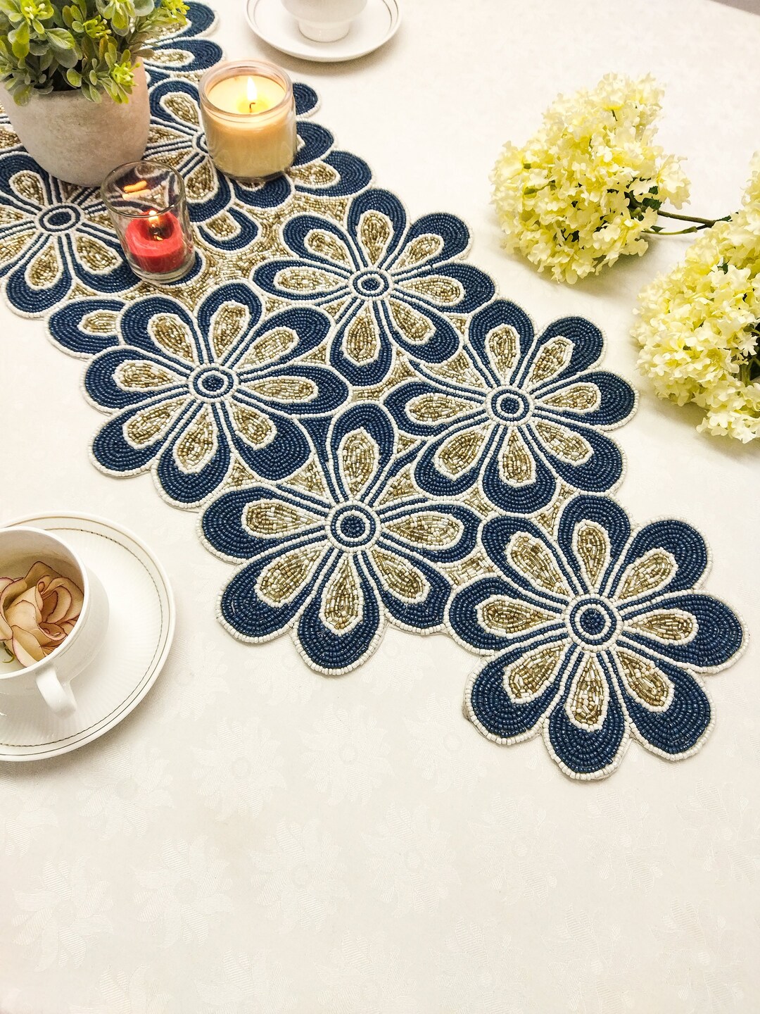 Handmade Gold Flower Beaded Table Runner. Matching Placemats Also ...