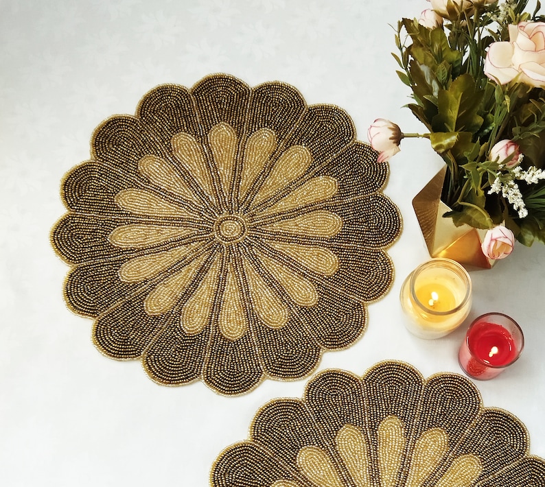 Handmade Gold Flower Beaded Round Placemat - Etsy