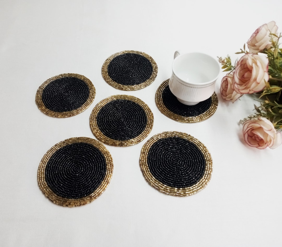 Handmade Black and Gold Round Beaded Coasters - Set of 6 - Etsy